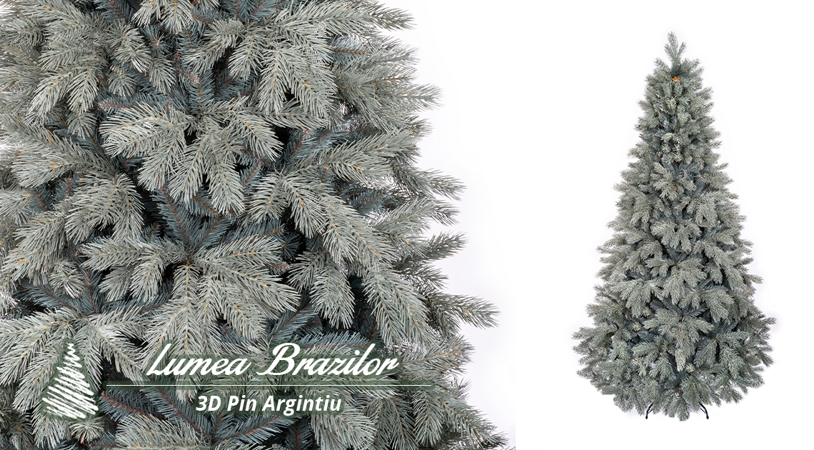 Brad de Crăciun 3D Pin Argintiu 240cm | Lumea Brazilor